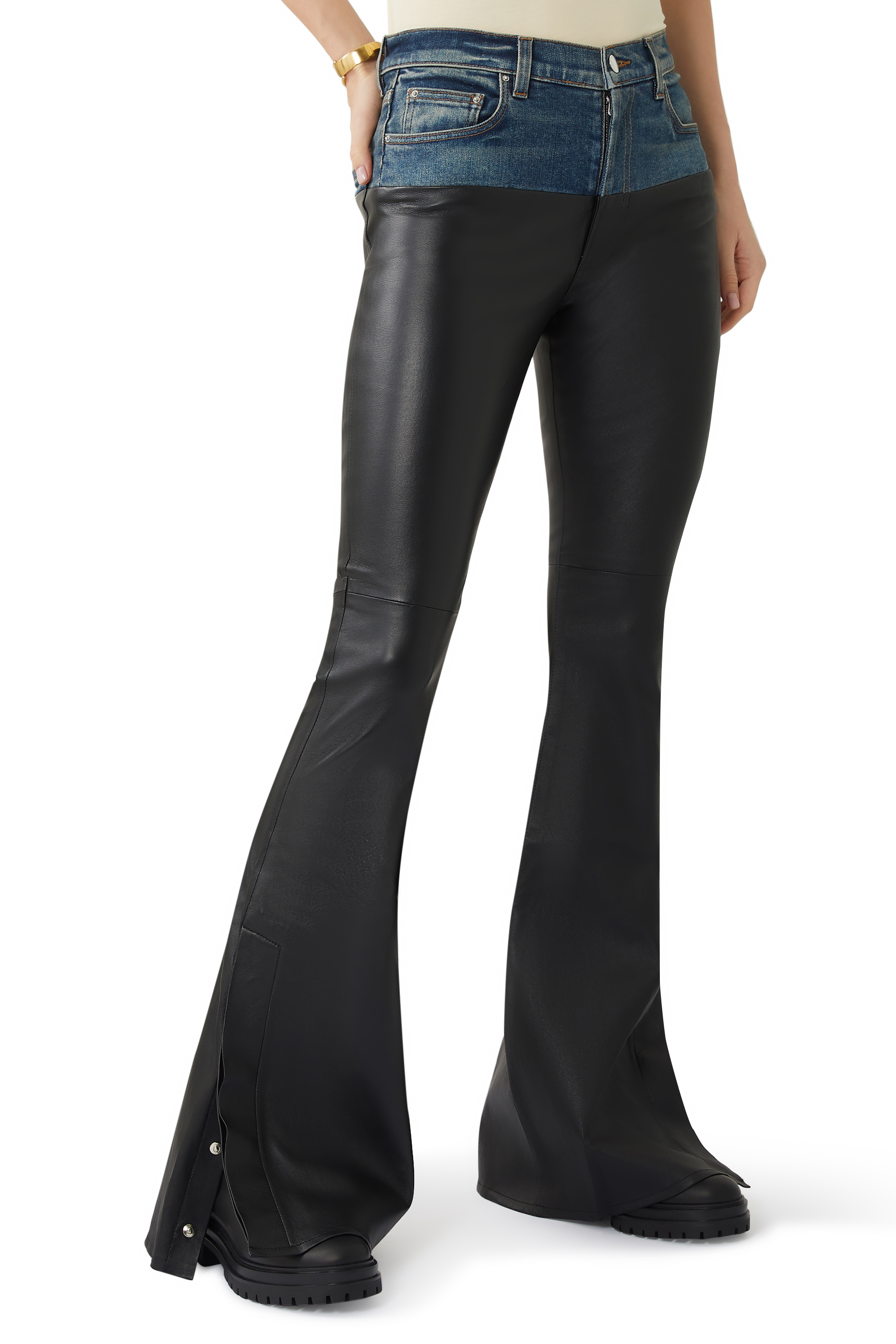 Buy Amiri Hybrid Denim and Leather Flared jeans for Womens ...